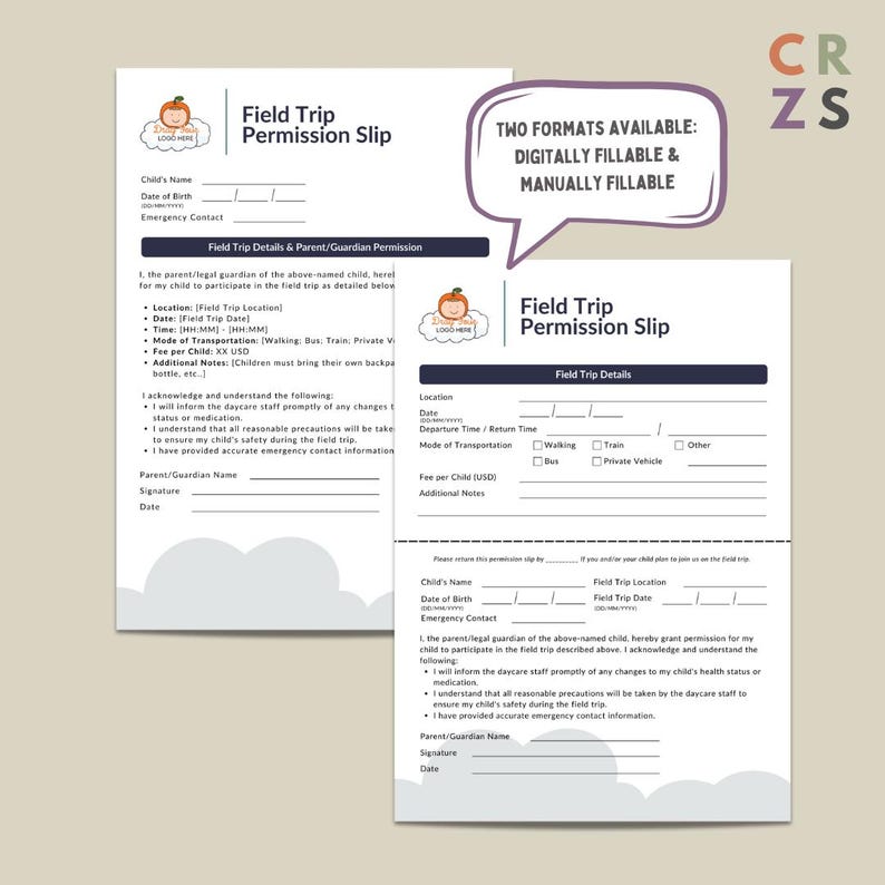 Field Trip Permission Form for Daycare, Kindergarten Field Trip Consent ...