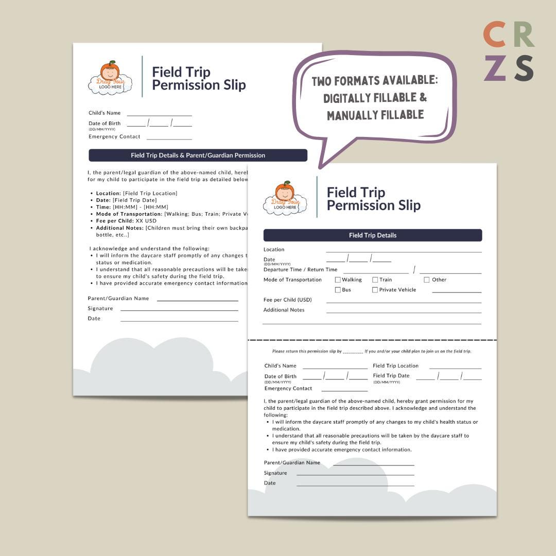 Field Trip Permission Form for Daycare, Kindergarten Field Trip Consent ...