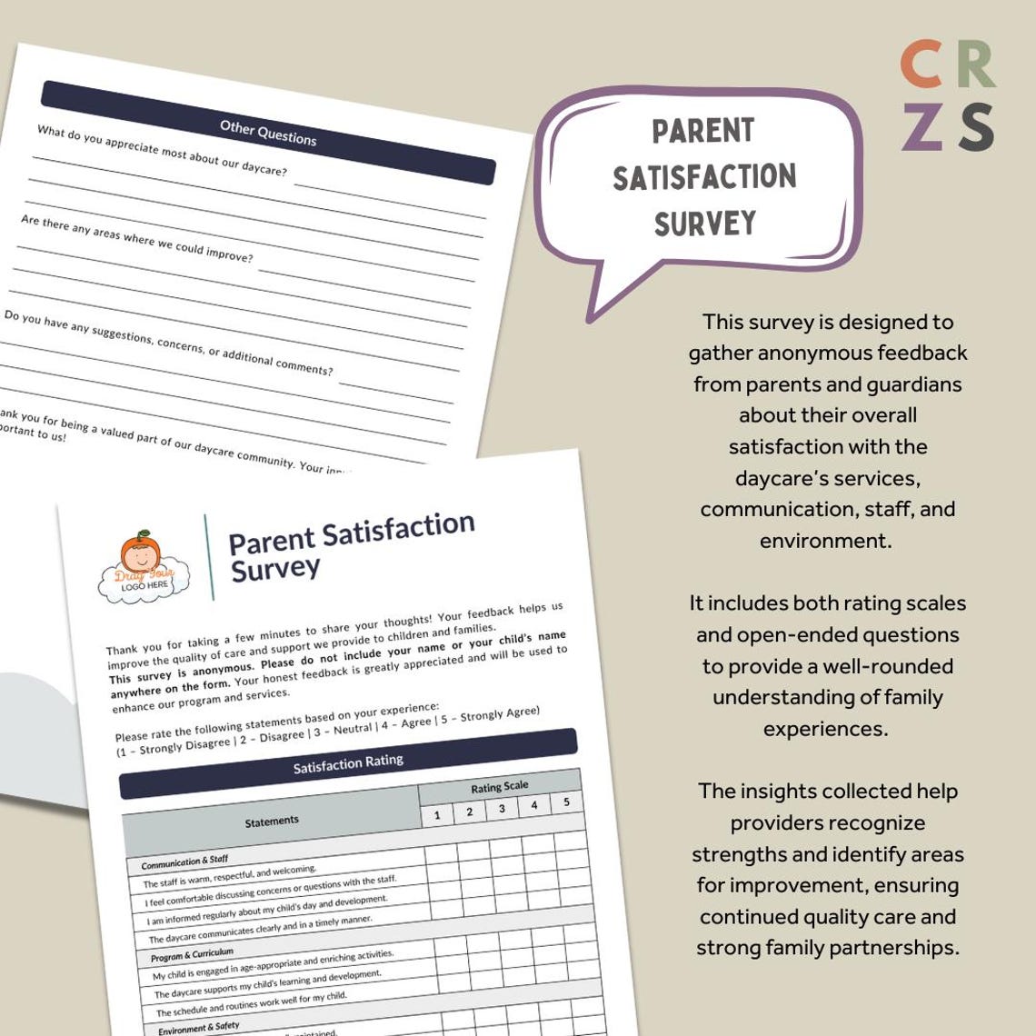 Editable Daycare Parent Survey, Parent Satisfaction Survey for ...