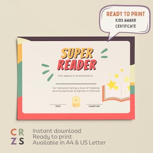 Reader Award Certificate for Kids Classroom Award Certificate Student ...
