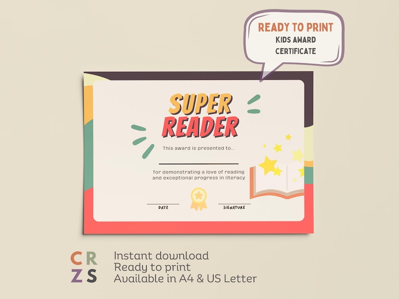 Reader Award Certificate for Kids Classroom Award Certificate Student ...