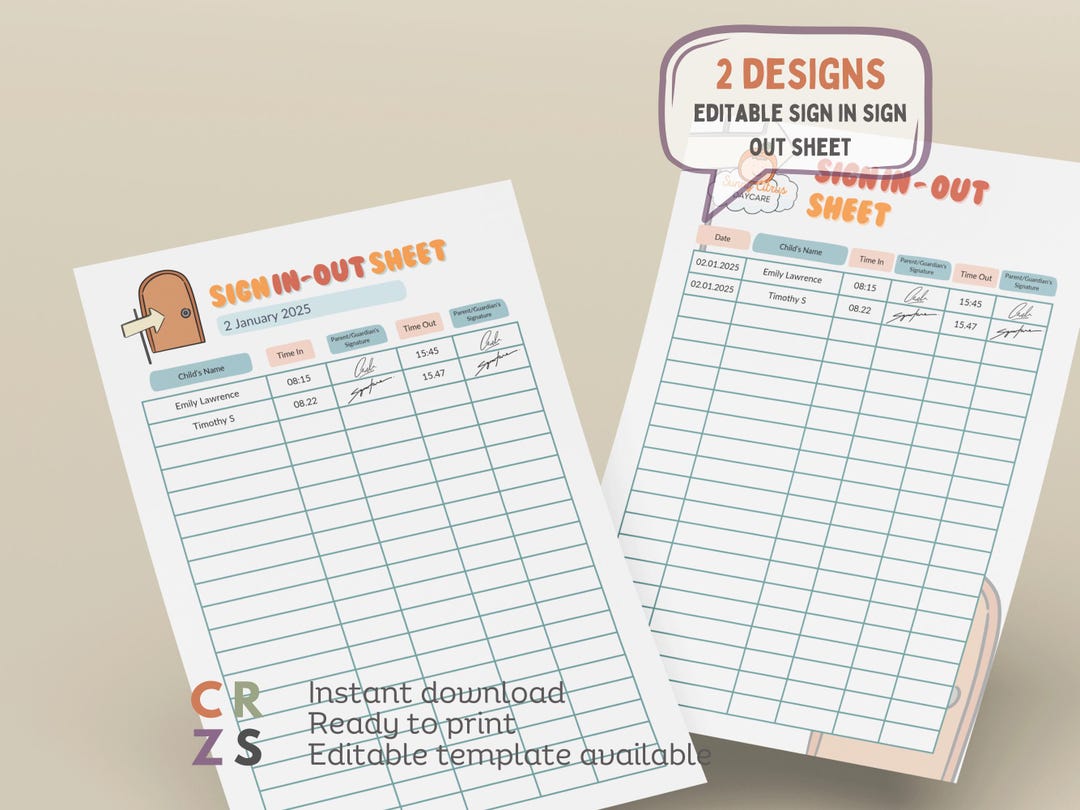 Editable Childcare Daily Sign in Out Sheet for Daycare, Preschool ...