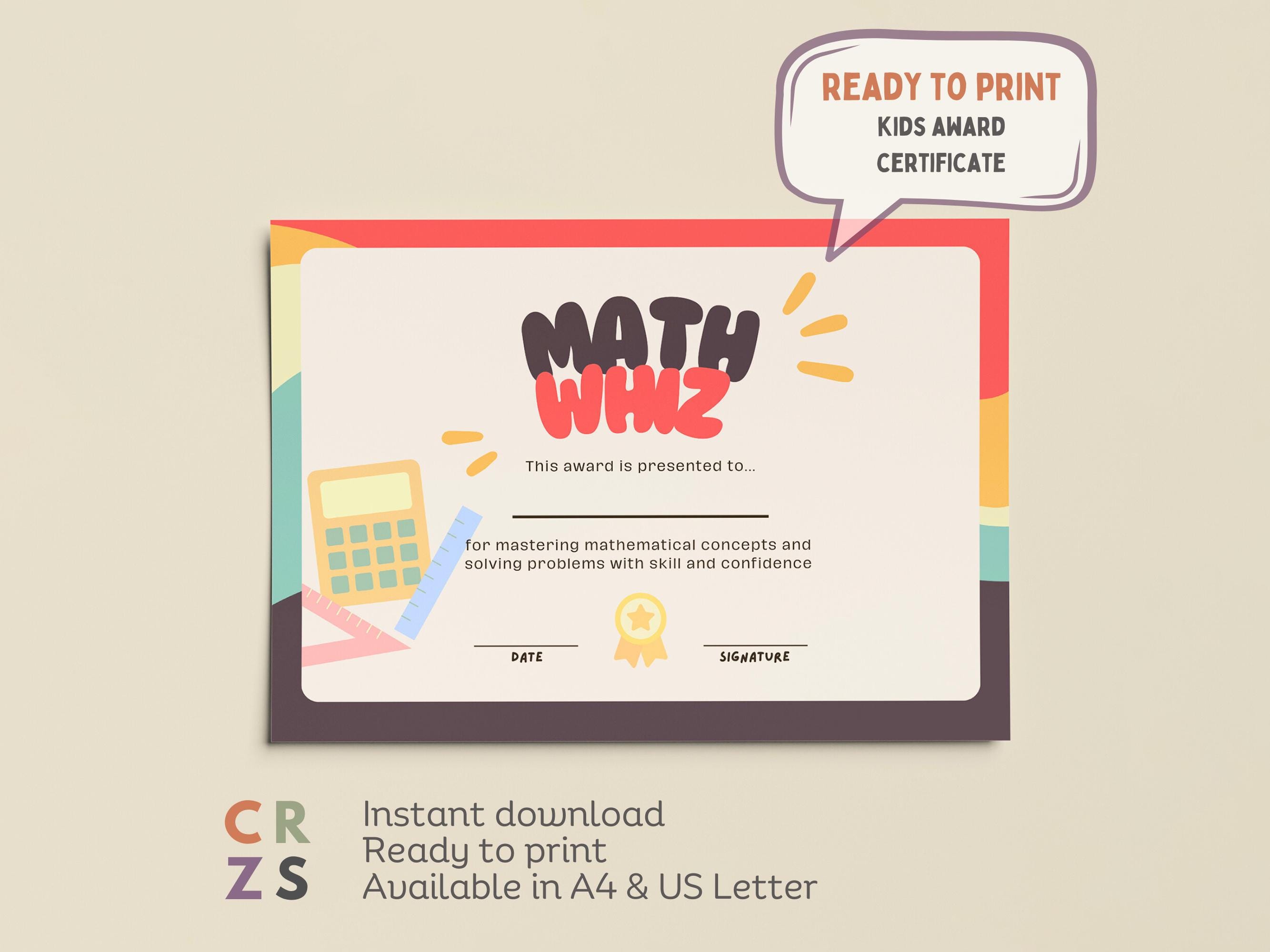 Math Award Certificate for Kids Classroom Award Certificate Student ...