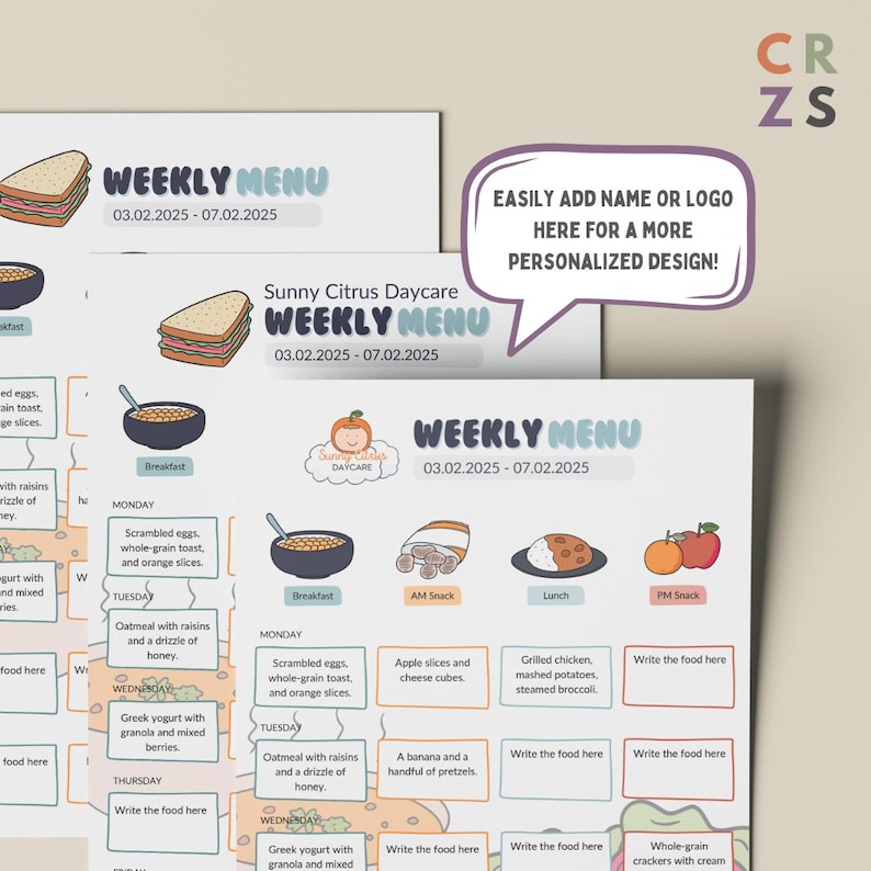 Daycare Weekly & Monthly Menu With Pictures, Editable Weekly Meal Plan ...