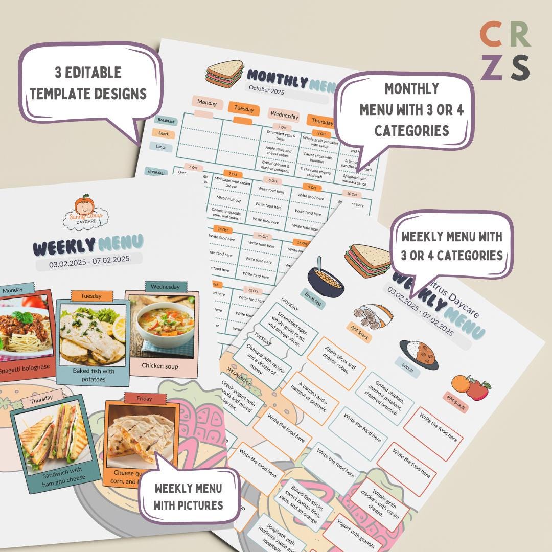 Daycare Weekly & Monthly Menu With Pictures, Editable Weekly Meal Plan ...