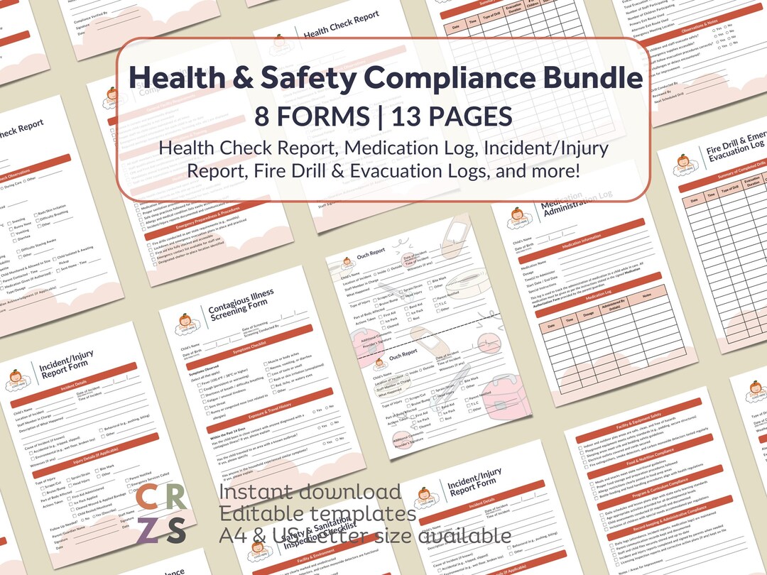 Daycare Health & Safety Compliance Forms Bundle, Health Report for ...