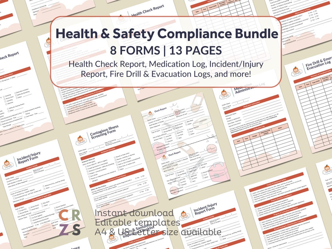Daycare Health & Safety Compliance Forms Bundle, Health Report for ...