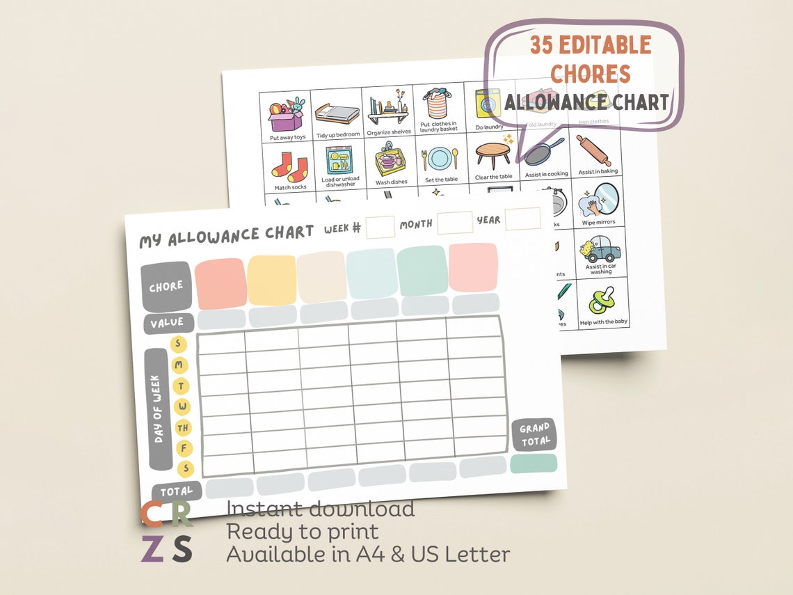 Editable Kids Allowance Tracker Visual Allowance Chart for Kids, Daily ...