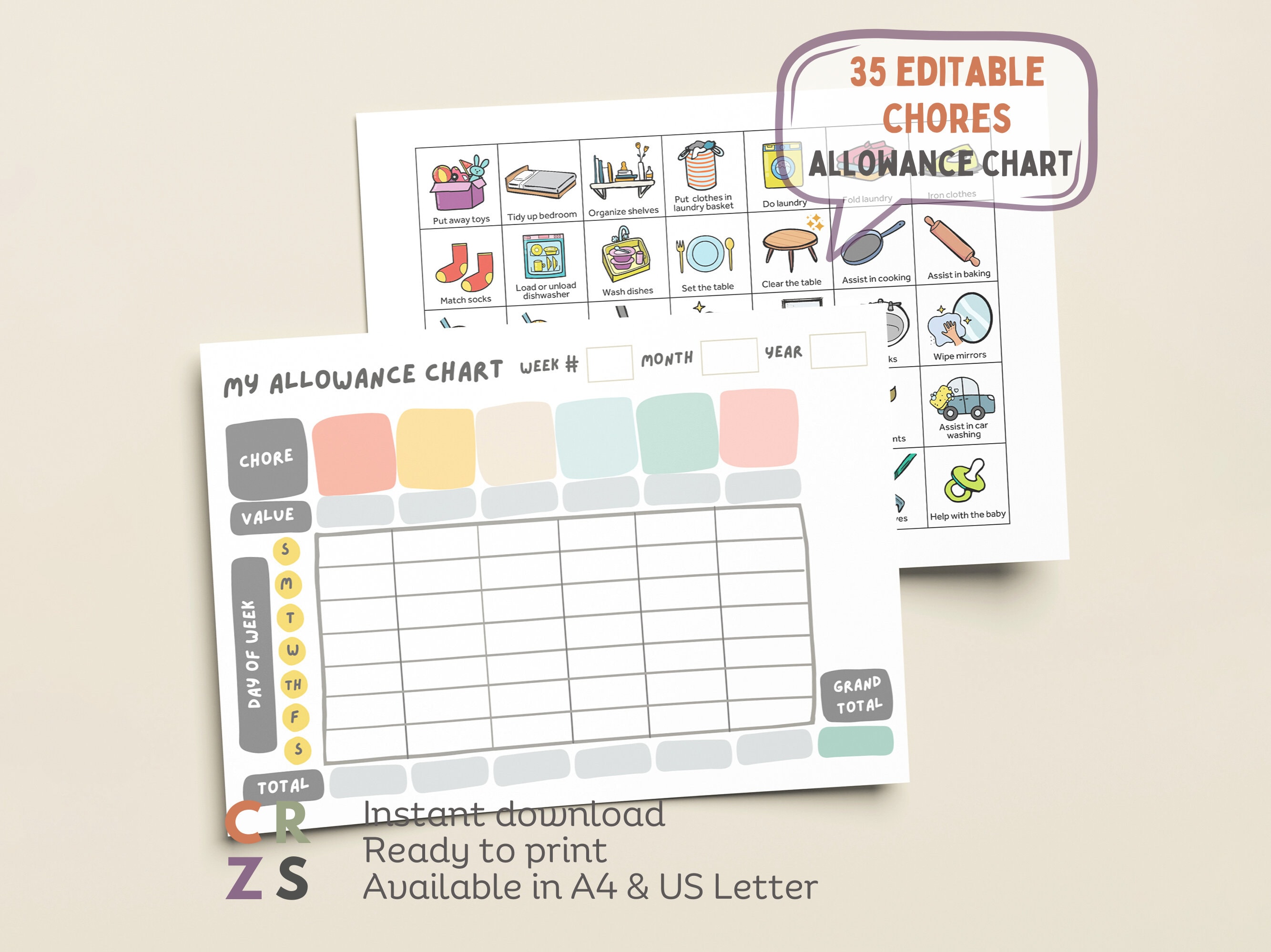 Editable Kids Allowance Tracker Visual Allowance Chart for Kids, Daily ...