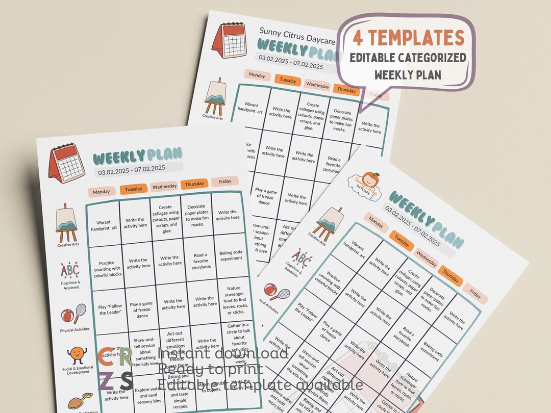 Editable Kindergarten Weekly Plan With Categorized Activities, Daycare ...
