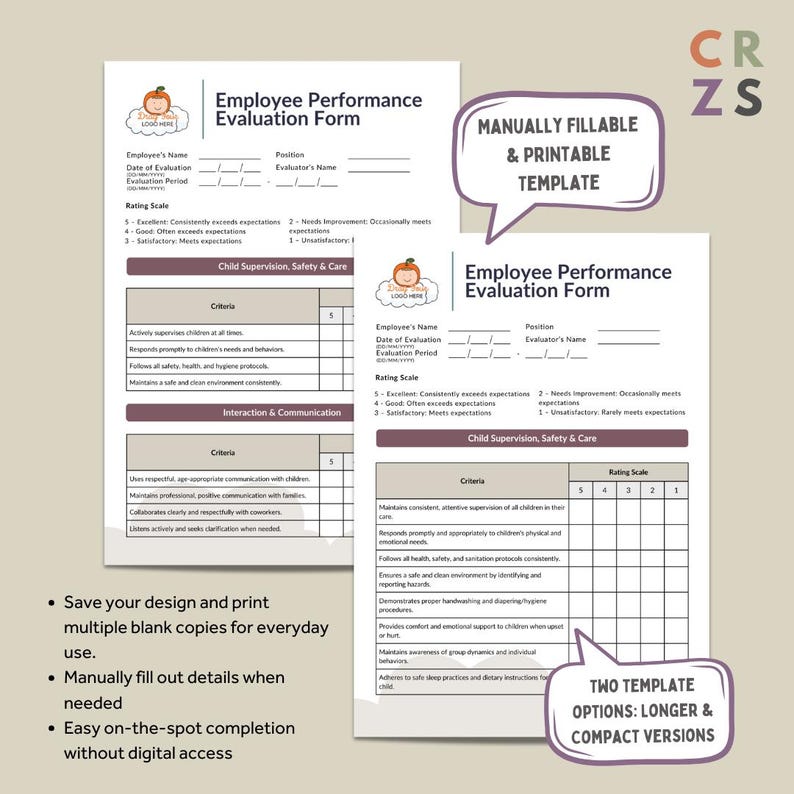Daycare Staff Evaluation, Employee Performance Review for Childcare ...