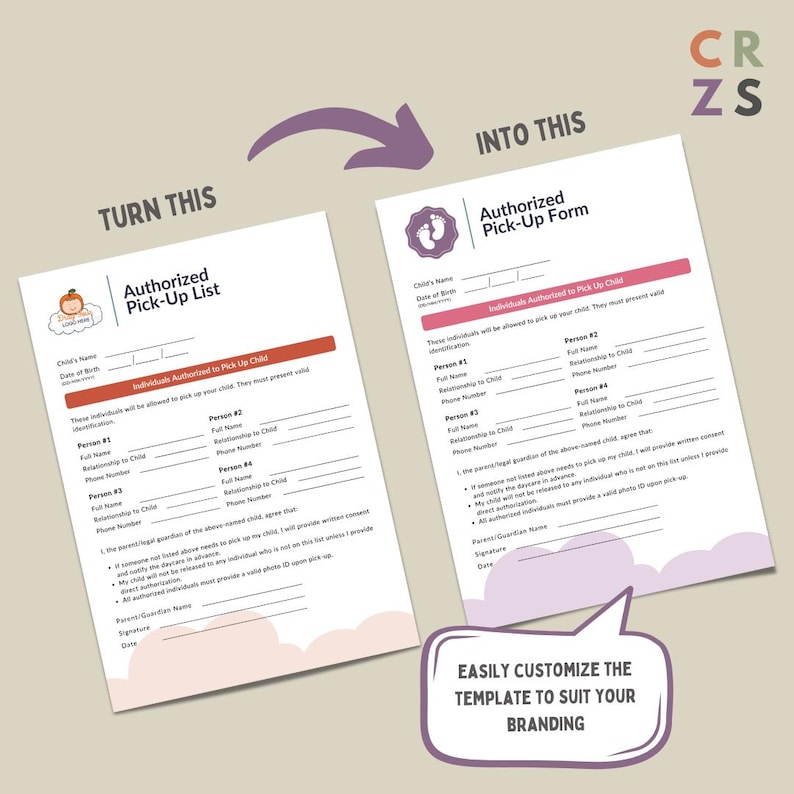 Daycare Authorized Pick-up Form, Authorized Pick-up List for Childcare ...