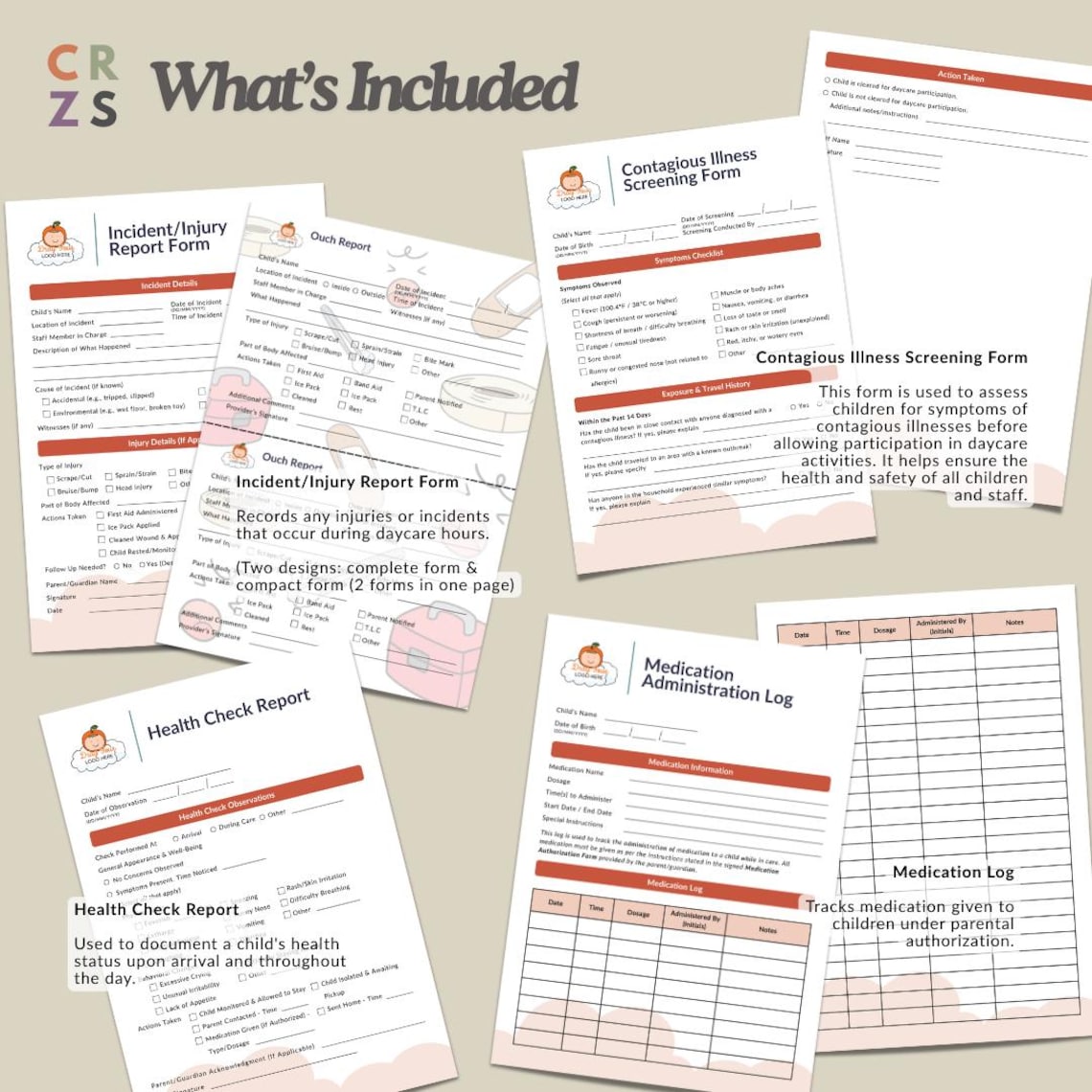 Daycare Health & Safety Compliance Forms Bundle, Health Report for ...