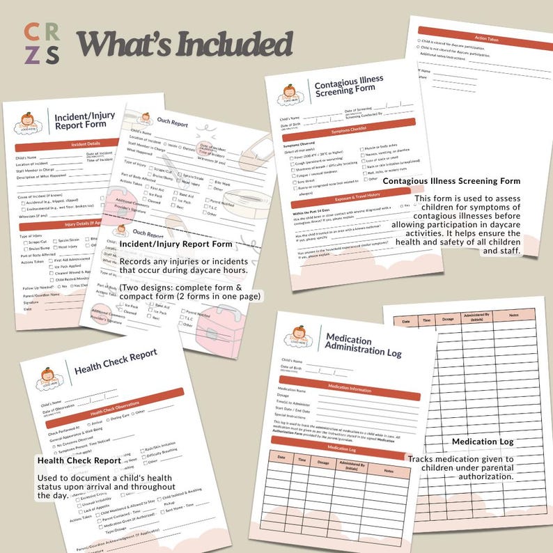 Daycare Health & Safety Compliance Forms Bundle, Health Report for ...