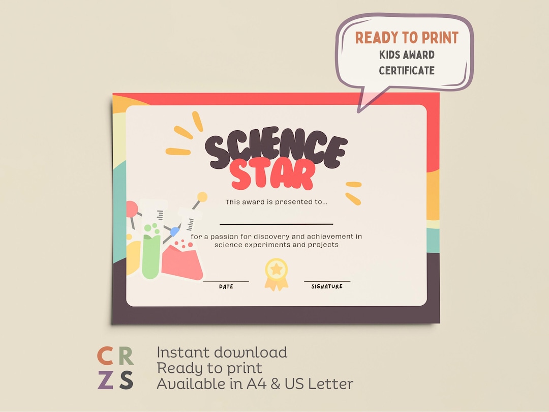 Science Award Certificate for Kids Classroom Award Certificate Student ...
