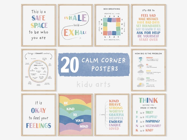 20 Calming Corner Poster Set, Calm Down Strategies, Kids Feelings Wall ...