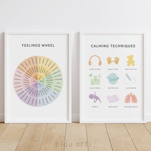 Feelings Wheel Print, Calming Techniques Poster, Kids Wall Art Set ...