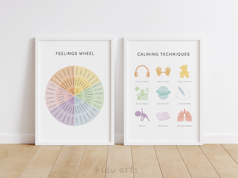 Feelings Wheel Print, Calming Techniques Poster, Kids Wall Art Set ...