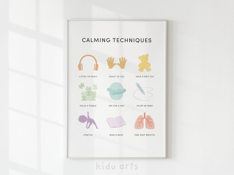 Feelings Wheel Print, Calming Techniques Poster, Kids Wall Art Set ...
