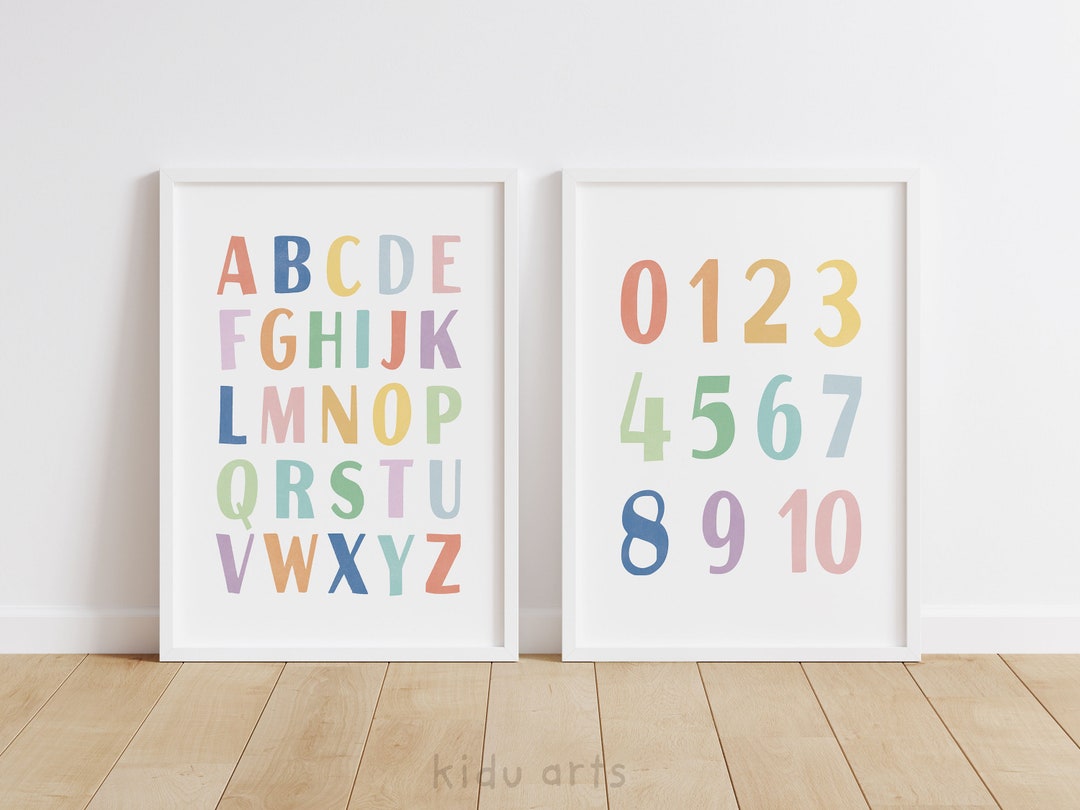 Alphabet + Numbers Poster Set, Rainbow ABC Print, Colorful Number Chart ...