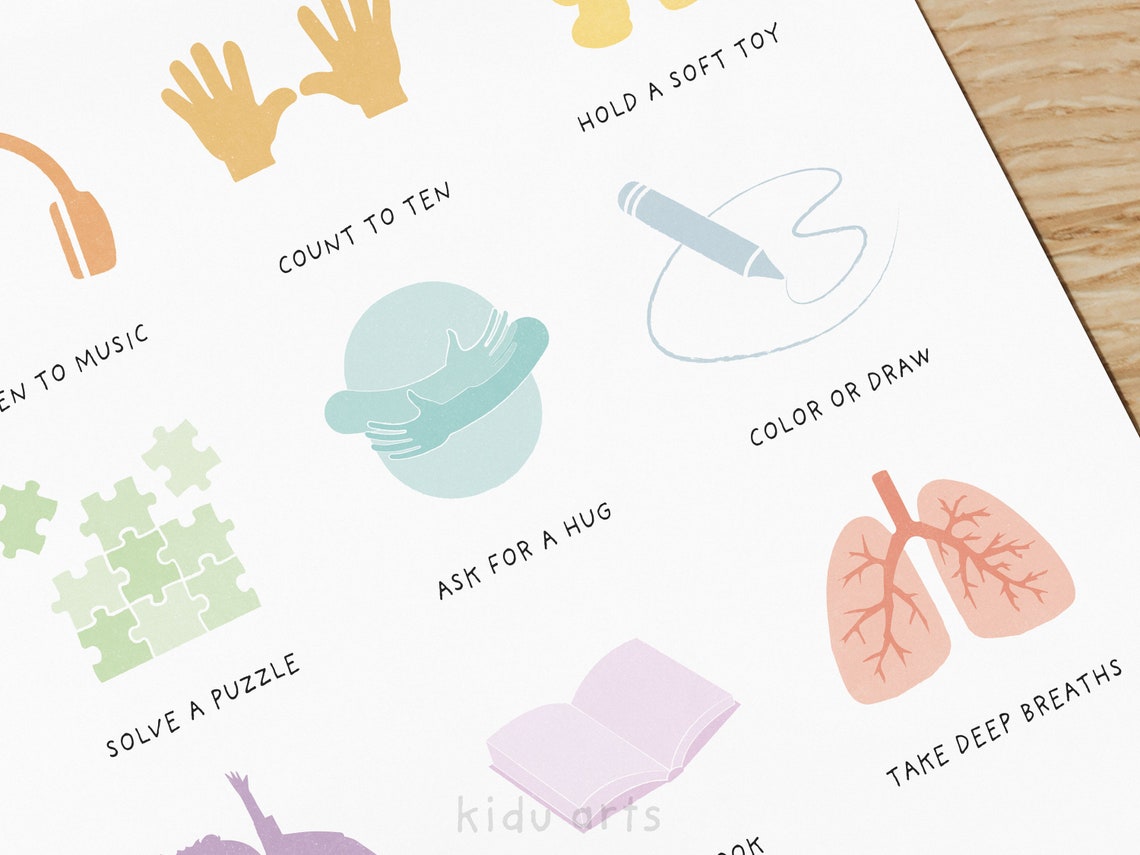 Feelings Wheel Print, Calming Techniques Poster, Kids Wall Art Set ...