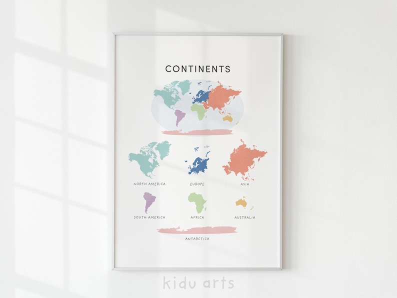 Continents Poster, World Map Print, Rainbow Kids Wall Art, Homeschool ...