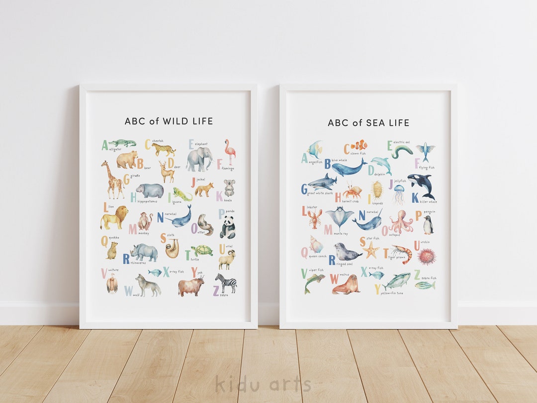 Animal Alphabet Posters, Wild Life + Sea Life ABC Prints, Kids Wall Art ...