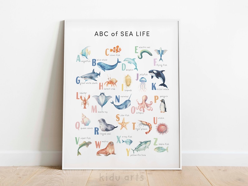 Ocean Animals Alphabet Poster, Kids Wall Art, Sea Life ABC Print ...