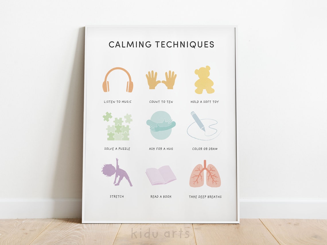 Feelings Wheel Print, Calming Techniques Poster, Kids Wall Art Set ...