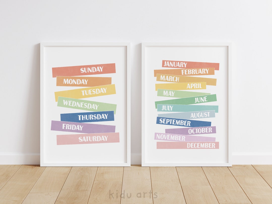 Days + Months Poster Combo Set, Rainbow Educational Prints, Homeschool ...