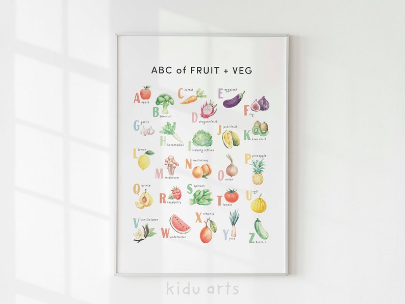 Alphabet Poster, Fruits + Vegetables ABC Print, Kids Wall Art ...