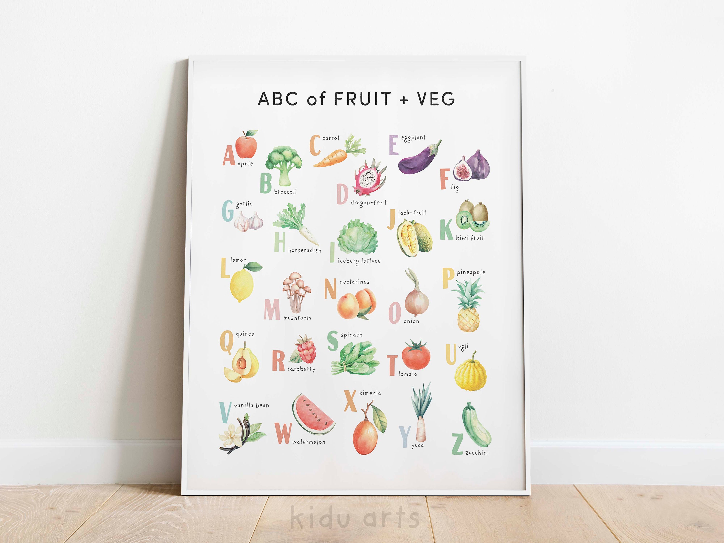 Alphabet Poster, Fruits + Vegetables ABC Print, Kids Wall Art ...