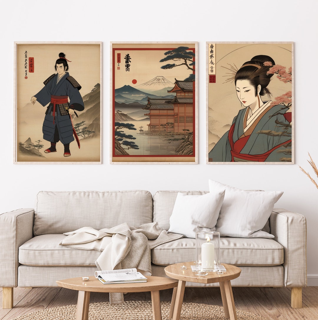 Vintage Japanese Art Set of Three Antique Asian Minimalist Wall Décor ...
