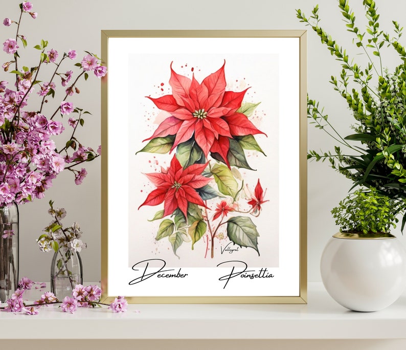 Birth Flower December Poinsettia INSTANT DOWNLOAD Digital Wall Art ...