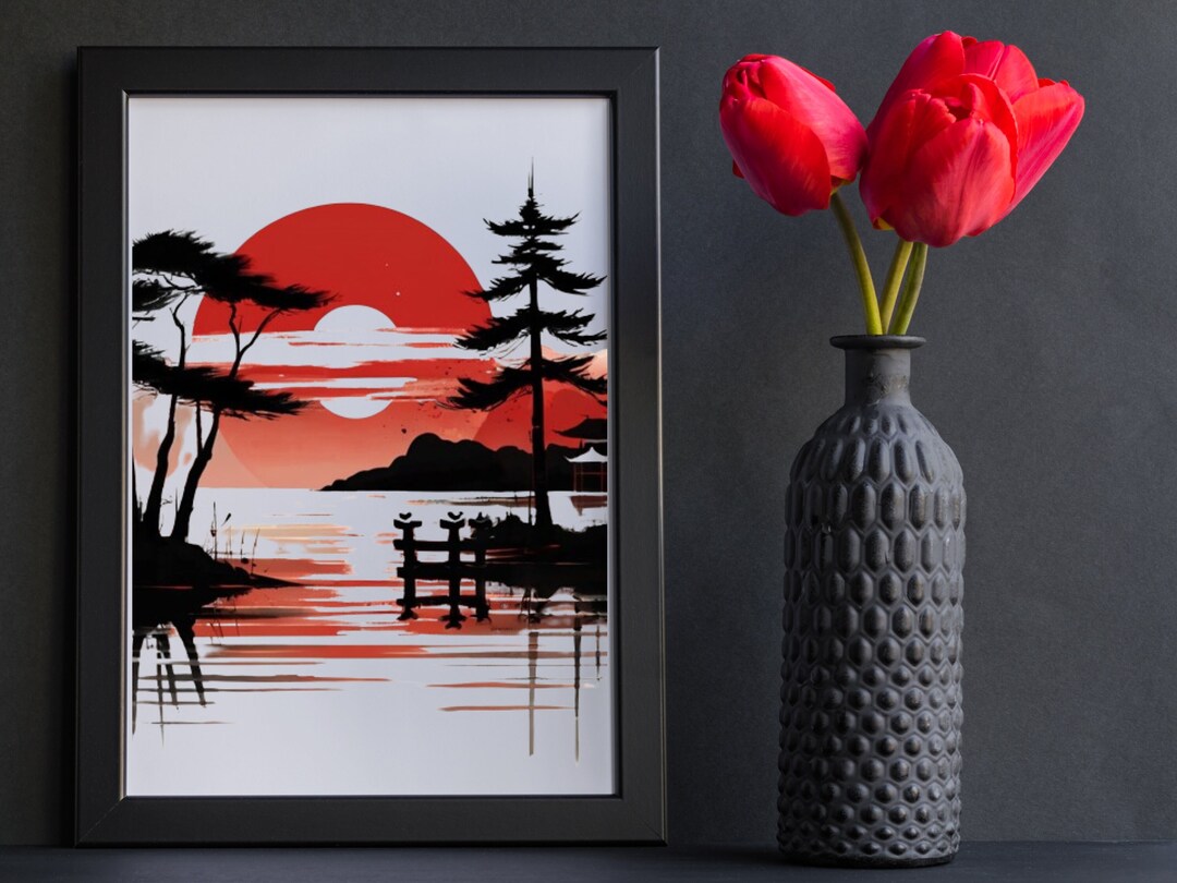 Japanese Landscape Sunset Print Oriental Watercolor Minimalist Zen Feng ...