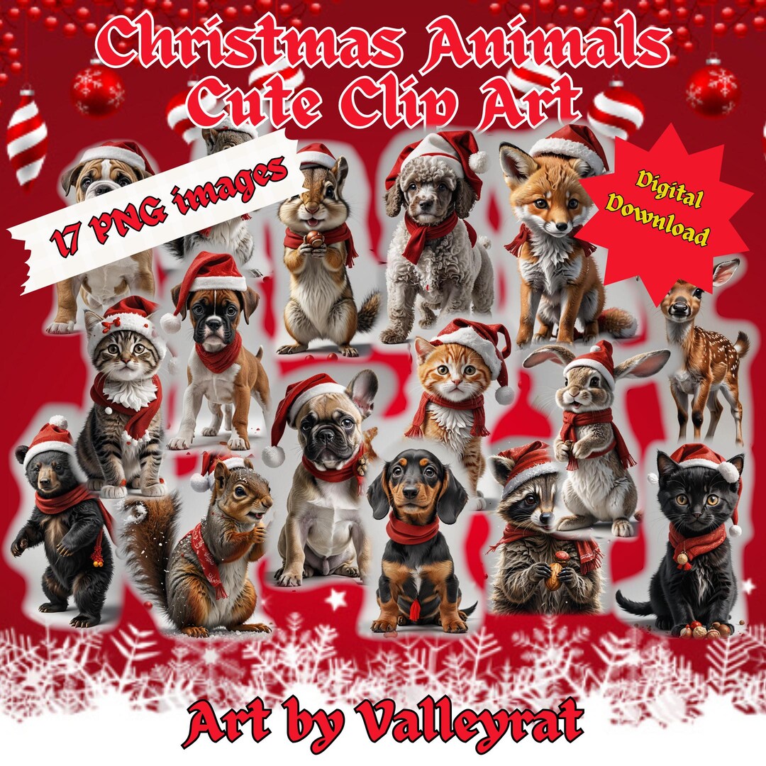 Cute Christmas Animals Clip Art Bundle PNG Sublimation Designs Winter ...