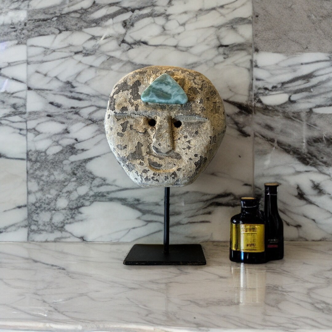 Larimar Timor Mask Stone Statue With Gemstone Decoration or - Etsy