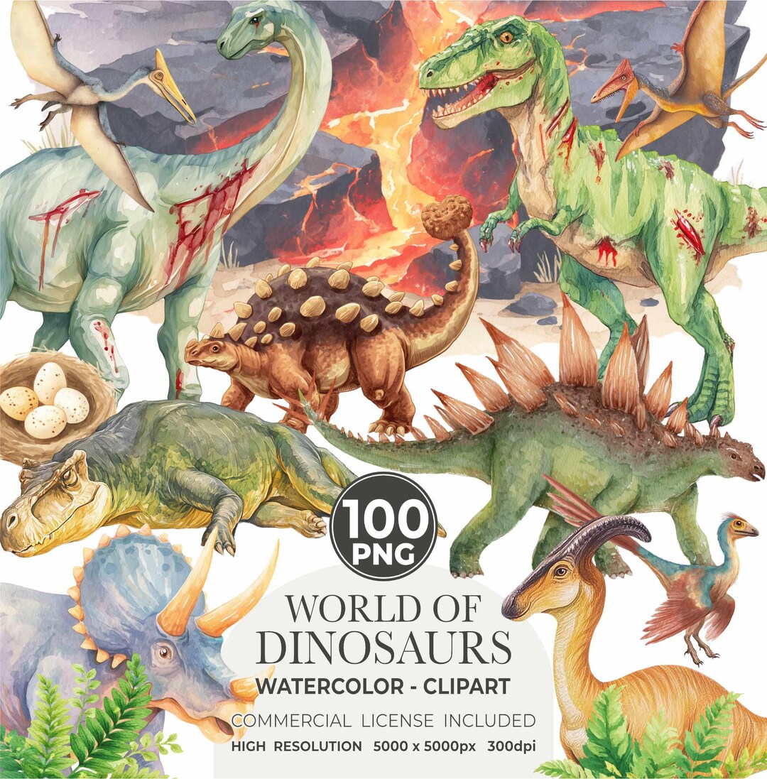 Watercolor Realistic Dinosaur Clipart | Dinosaur Wall Art Bundle Set ...