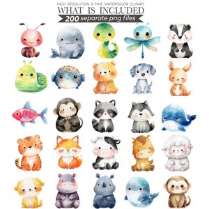 Watercolor Cute Animals Clipart 200 Cute Animal PNG Watercolor Animals ...
