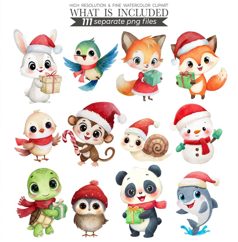 Watercolor Christmas Animals Clipart: Winter Woodland PNG Bundle ...