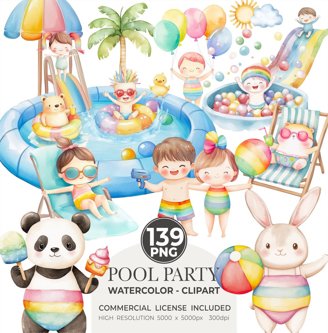 Cute Pool Party Watercolor Clipart, Summer Clipart, Children's Birthday ...