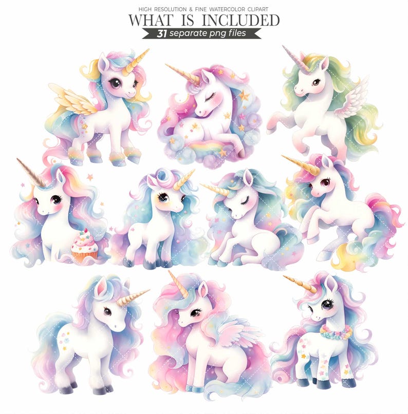 Pastel Unicorn Clipart Set: Watercolor PNG Images (commercial Use ...