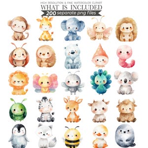Watercolor Cute Animals Clipart 200 Cute Animal PNG Watercolor Animals ...