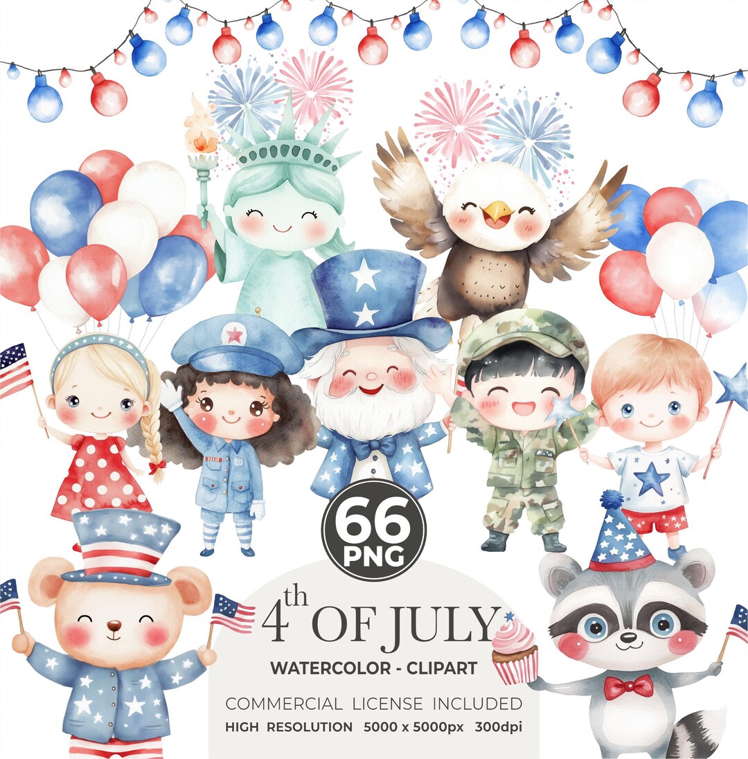 4th of July Clipart - Watercolor - Kids Clipart Bundle - Patriotic Kids ...