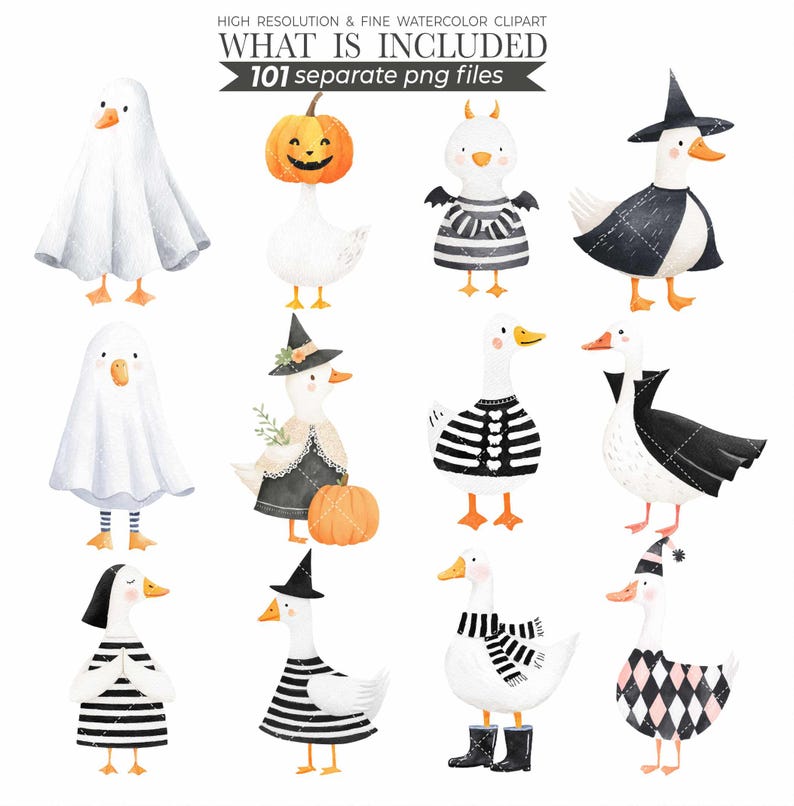 Watercolor Halloween Goose Clipart Set, Cute Spooky Geese PNG ...