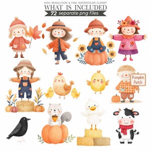 Watercolor Scarecrow Clipart Set: Fall Harvest Illustrations (PNG Files ...