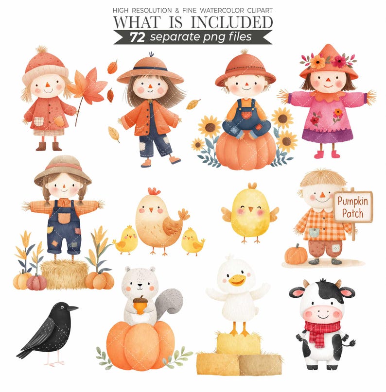 Watercolor Scarecrow Clipart Set: Fall Harvest Illustrations (PNG Files ...