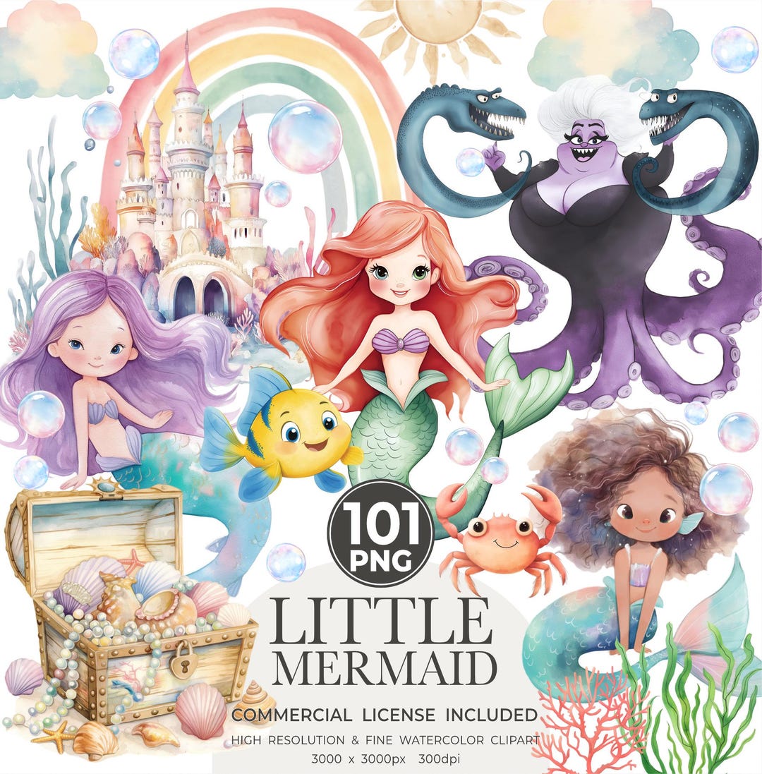 Watercolor Mermaid Clipart: Sea Creatures, Nursery Art (PNG) - Etsy ...