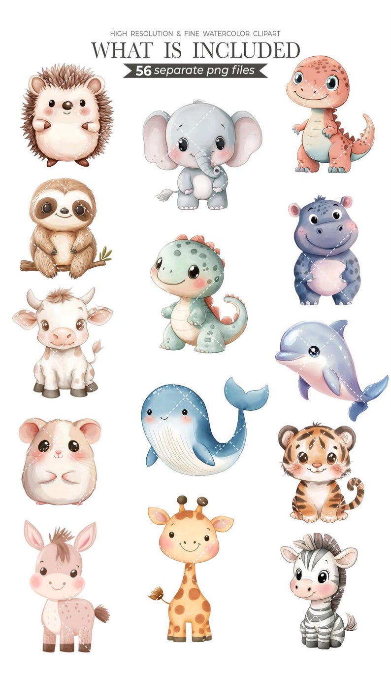 Watercolor Animal Clipart Bundle, 56 Cute PNG Illustrations (digital ...