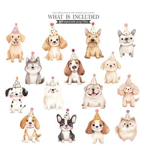 Cute Dogs Clipart Birthday Party Watercolor Pastel Cartoon Puppy Breeds ...